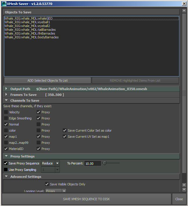 XMesh Saver for Maya - User Interface — XMesh 1.7.X documentation